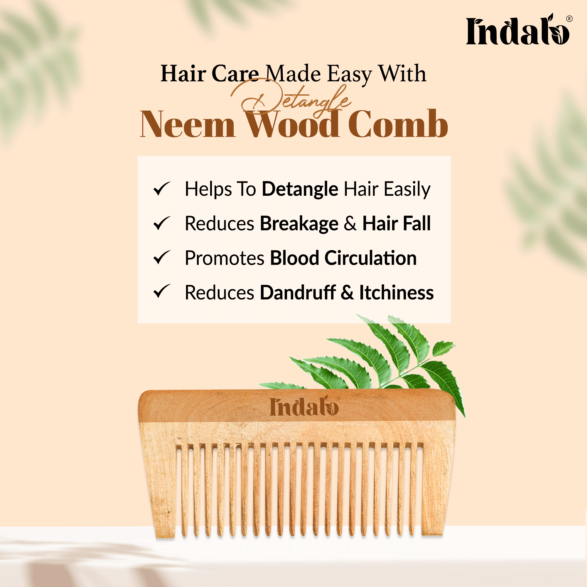 Detangling Neem Wood Comb for Healthy Hair I Indalo